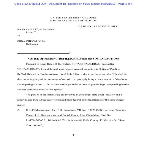 Raanan Katz, RK Centers: Notice Of Pendency Of Other Action | PDF