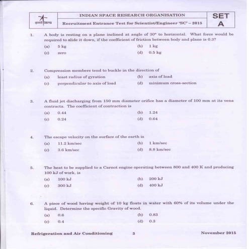 isro questions mechanical refrigeration and AC | PDF