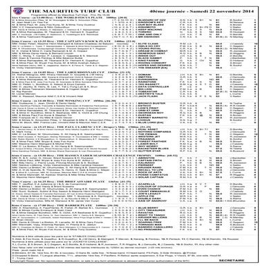 MAURITIUS HORSE RACING PROGRAMME- 40ème journée - Samedi 22 novembre ...
