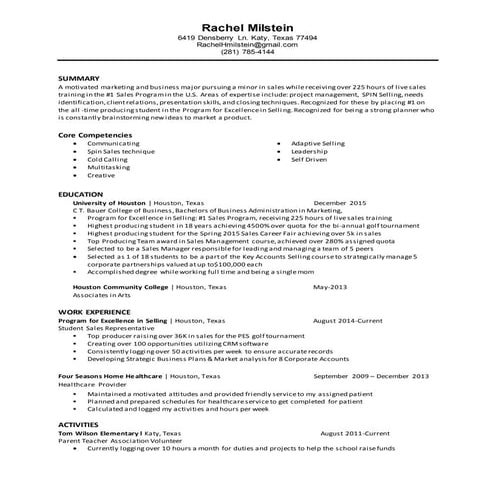 Rachels resume 2015 | DOCX | Sales | Business