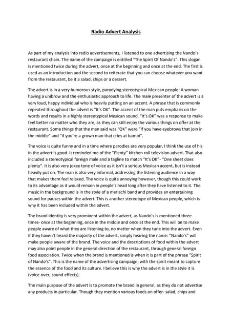 Nandos advert analysis finished | DOCX | Advertising Industry | Industries