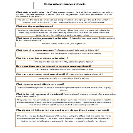 Radio advert analysis sheet (sainsburys) | DOCX