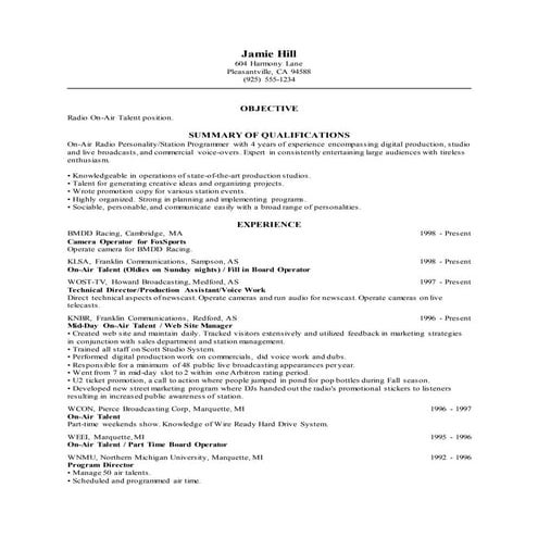 Radio on air talent CV template | DOCX