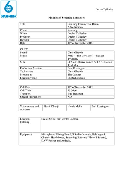Production Sheet | PDF