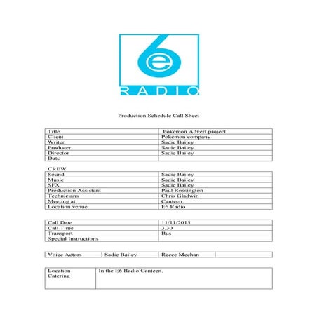 Radio production schedule call sheet template | DOCX