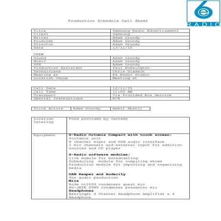 Radio production schedule call sheet template | DOCX