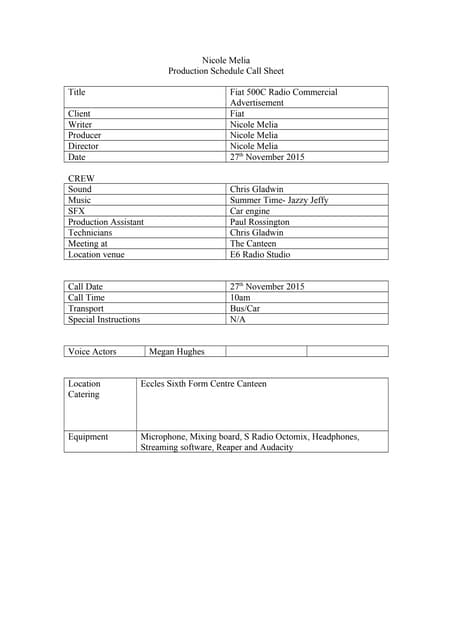 Radio Production Schedule Call Sheet | PDF