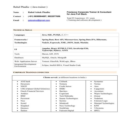 Rahul Phadke Java Full Stack Freelance Trainerdoc 3545