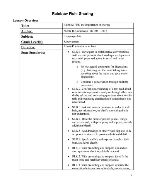The Rainbow Fish Lesson Plan | PDF