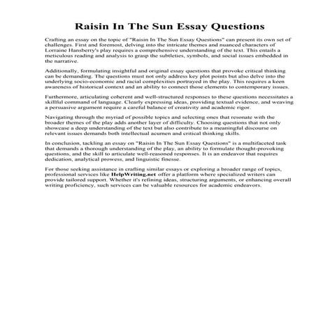 Raisin In The Sun Essay Questions. A RAISIN IN THE SUN - AP English ...