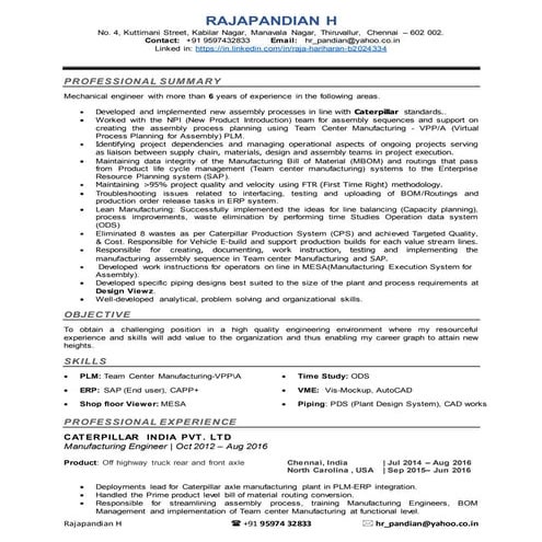 Raja cv_Manufacturing Engineer | DOCX | Manufacturing Industry | Industries