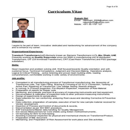 Rajesh giri cv | DOCX | Manufacturing Industry | Industries
