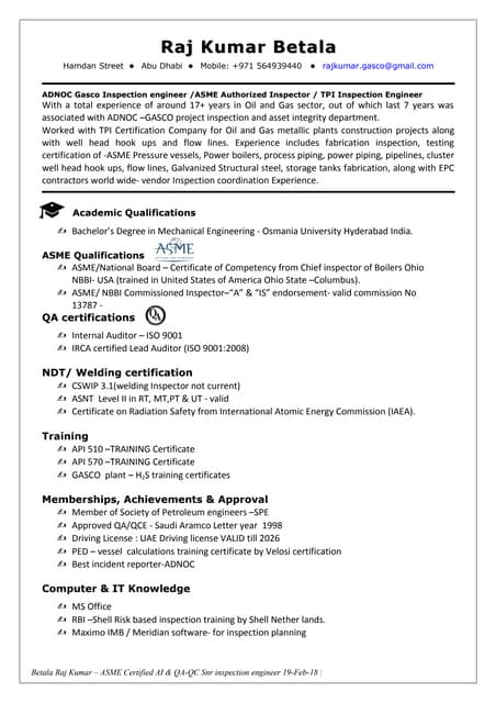 Cv of qaqc, inspection engineer, welding, painting & coating inspector ...