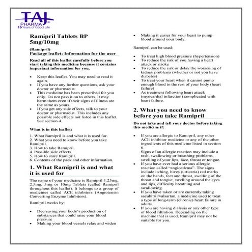 Ramipril Tablets BP 5mg, 10mg Taj Pharma PIL | PDF