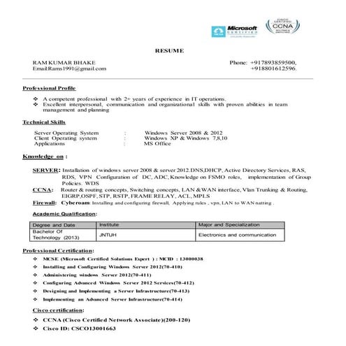 Ram kumar resume | DOCX | Computer Networking | Computing