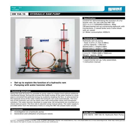 Hydraulic Ram Pump - G.U.N.T., Equipment for Engineering Education | PDF