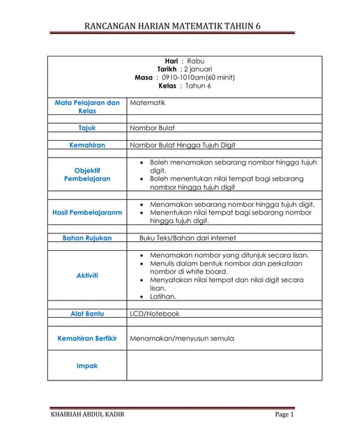 Contoh rph matematik kssr 2013 | PDF
