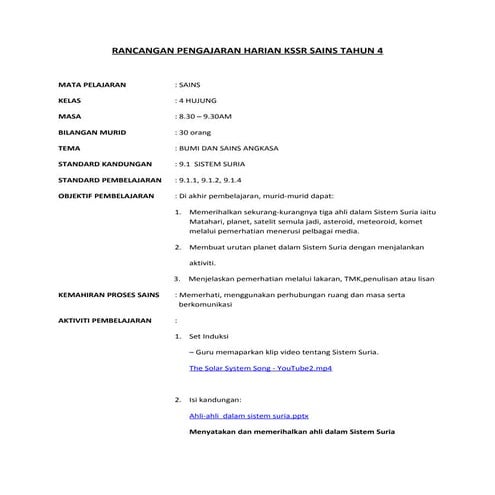 Rancangan pengajaran harian kssr sains tahun 4 | DOC