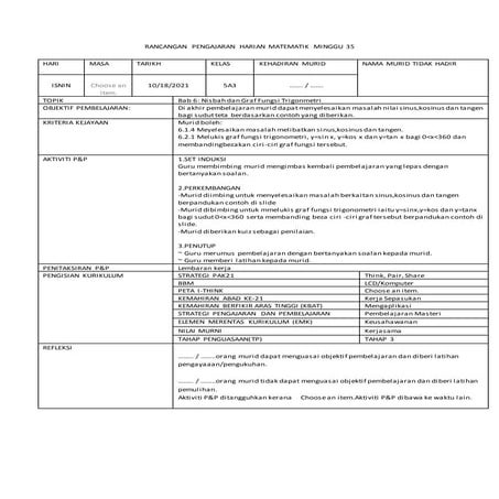 Rancangan pengajaran harian matematik minggu 35 | PDF