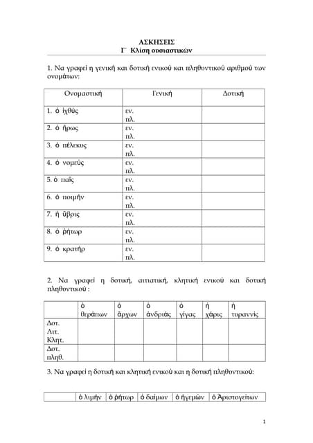 Ασκησεις στα ενρινοληκτα ουσιαστικα γ κλισης