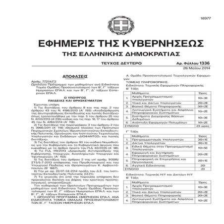 ΥΠΑΙΘ: Τα νέα ωρολόγια προγράμματα στα ΕΠΑΛ ανά ειδικότητα (ΦΕΚ) | PDF