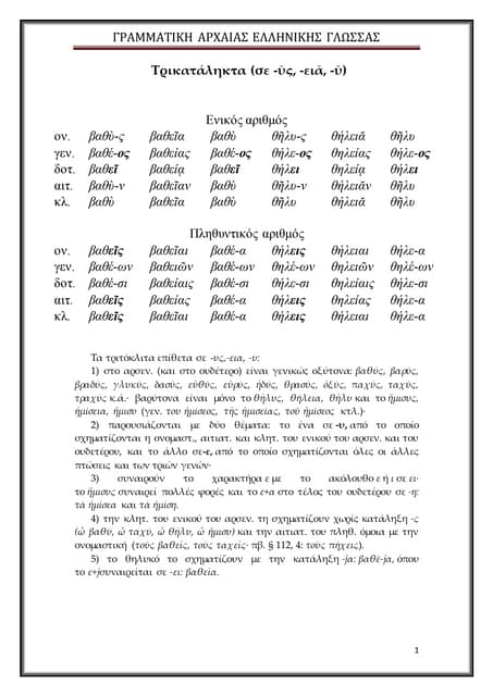 Επίθετα γ΄ κλίσης (τριτόκλιτα) (θεωρία - ασκήσεις), Αρχαία ελληνικά | PDF