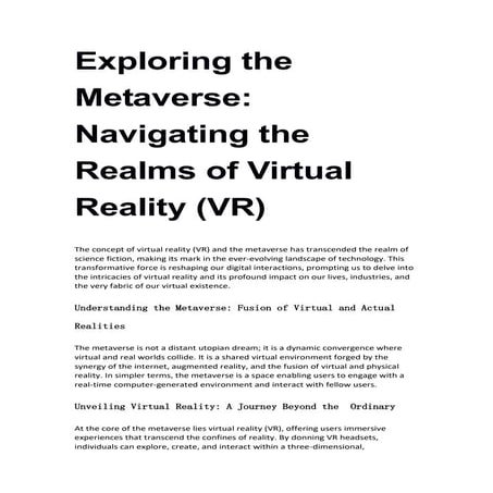 Exploring the Metaverse: Navigating the Realms of Virtual Reality (VR ...