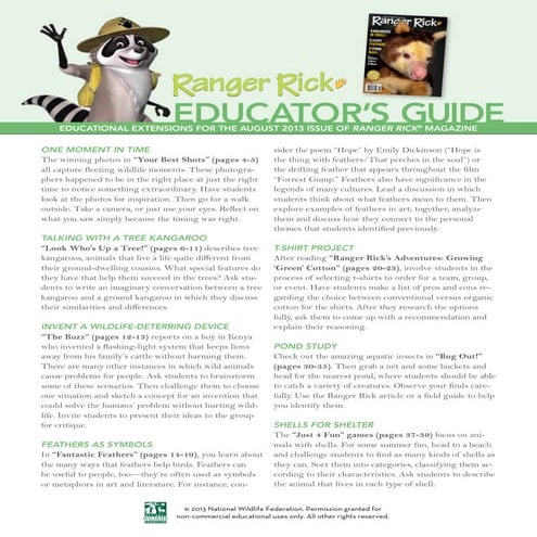 Ranger Rick's Educator Guide August 2013 | PDF