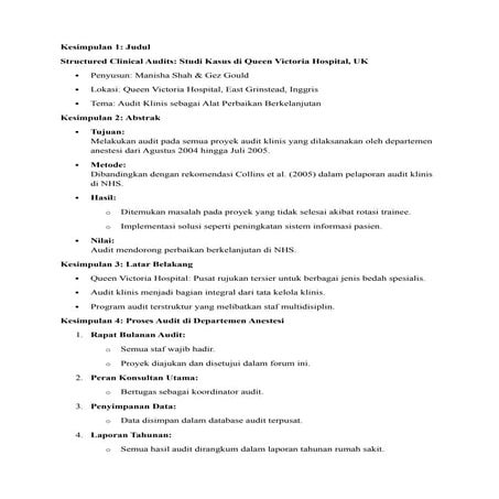 Rangkuman Artikel Structured Clinical Audits - Studi Kasus di Queen Victoria Hospital, UK.docx