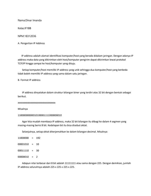 IP Address, Subnetting, Routing Makalah jarkom | PDF