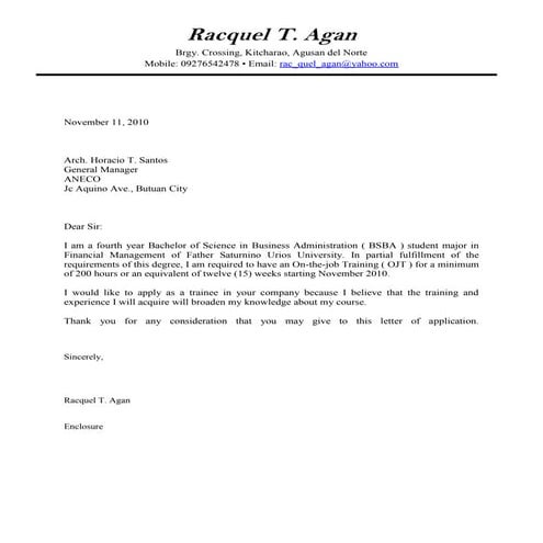 Sample Application letter for ojt's | DOCX