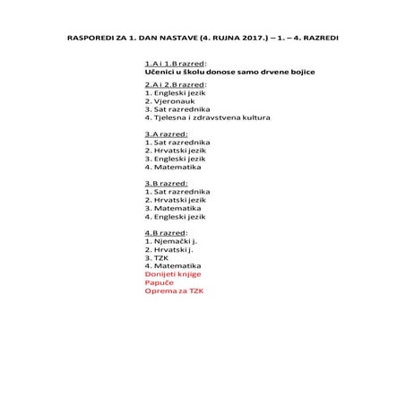 Rasporedi za 1. dan nastave razredna nastava | DOCX