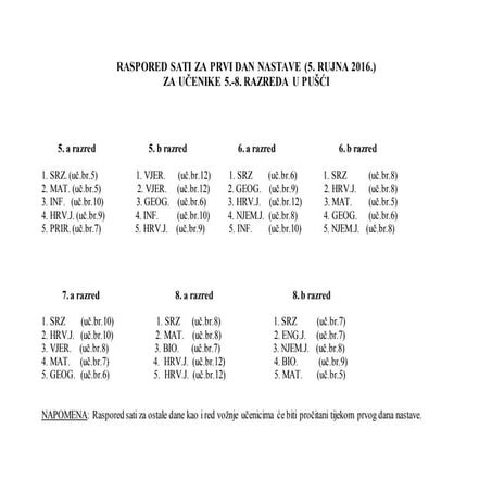 Raspored sati za prvi dan nastave pn | DOCX