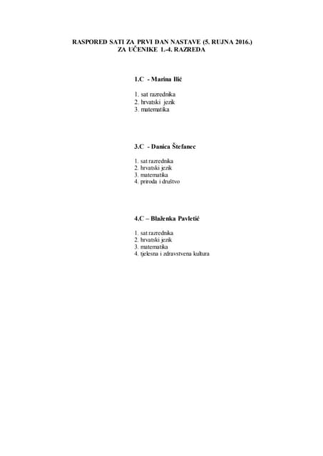 Rasporedi za 1. dan nastave razredna nastava | PDF