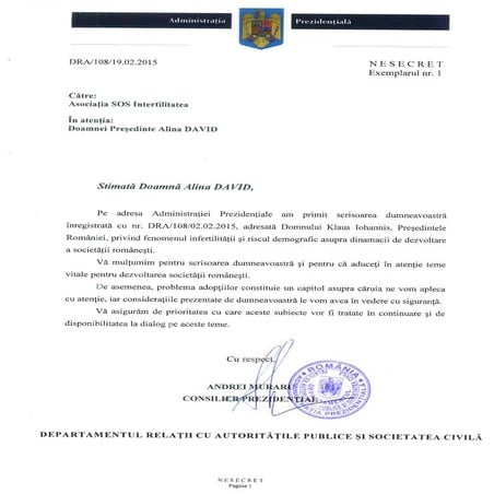 Raspuns Administratia Prezidentiala pentru SOS Infertilitatea 2015 | PDF