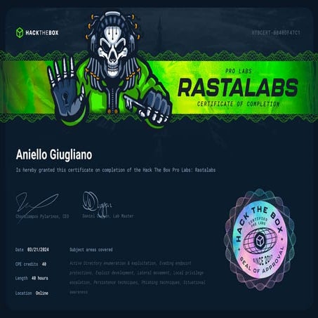 RastaLabs Certificate of completition HTB | PDF
