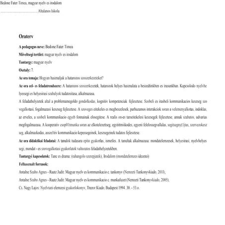 Óraterv. Bedőné Fatér Tímea, magyar nyelv és irodalom.. Általános Iskola.docx