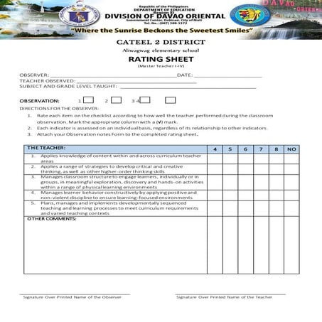 Rating sheet for master teachers | DOCX | Education