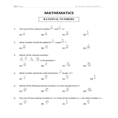 CBSE Grade 8 Mathematics Rational Numbers Multiple Choice Questions Worksheet | PDF