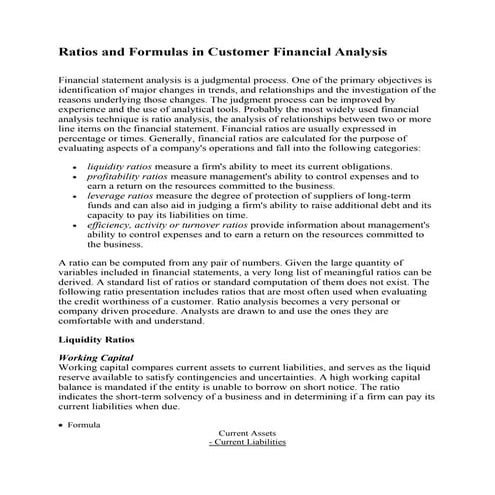 Ratios and formulas in customer financial analysis | PDF