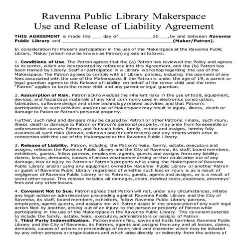 Norfolk Public Library MakerSpace Use and Release Agreement | PDF