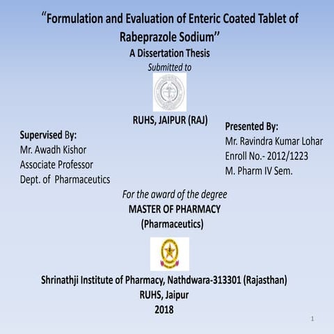 Formulation And Evaluation Of Enteric Coated Tablet Of Rabeprazole Sodium Pptx