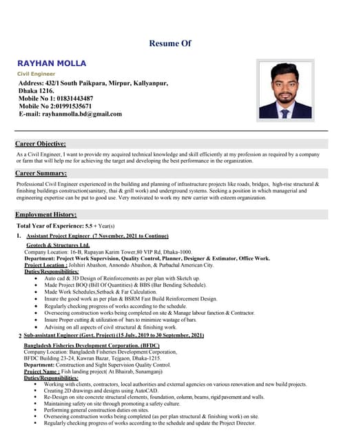 Resume of Civil Engineer - BoQ | PDF | Civil Engineering Industry | Industries