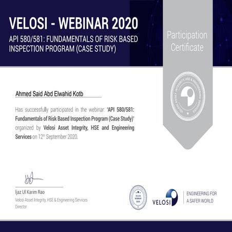 Certificate of Completion "API 580/581: Fundamentals of Risk Based ...