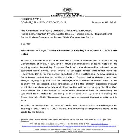 RBI 2016-17-112 Withdrawal of legal tender character of existing ` 500 ...