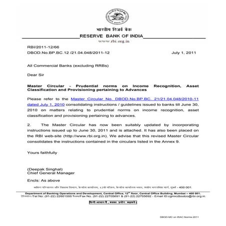 Rbi guidelines asset classifications july 2011 | PDF | Business ...