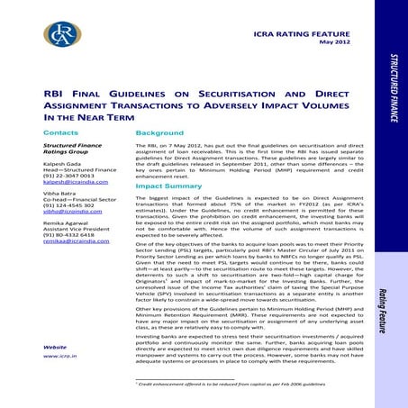 Rbi securitisation guidelines may 2012 icra | PDF