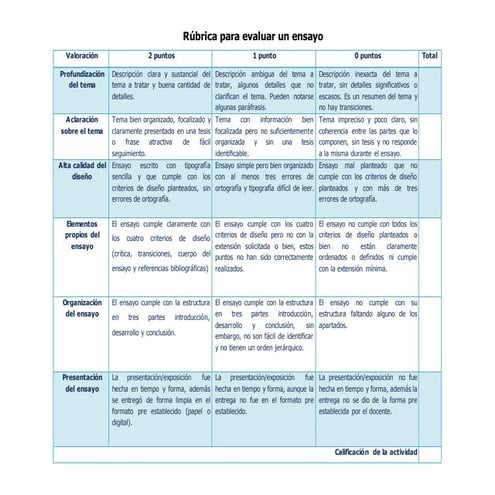 Rúbrica para evaluar un ensayo | DOCX