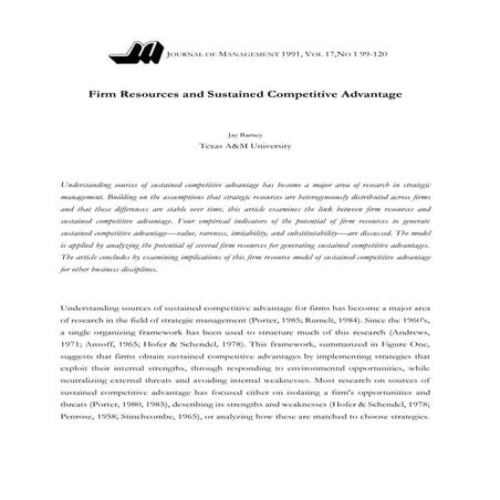 Firm Resources and Sustained Competitive Advantage by Jay Barney | PDF
