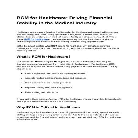 RCM for Healthcare_ Driving Financial Stability in the Medical Industry | PDF